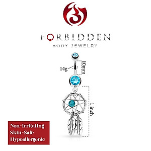 Forbidden Body Jewelry Surgical Steel Double Jeweled Dream Catcher Feathers Dangle Belly Button Ring (Light Blue)
