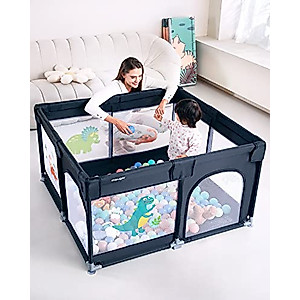 Baby Playpen Play Yard Sturdy, Insugar Playpen for Babies and Toddlers, Portable Small Baby Fence, Safe Play Area with Gate, Breathable Mesh, Dinosaur Printed, BPA-Free, Non-Toxic, Black, 47"x47"x27"