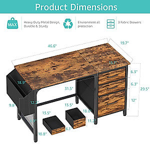 Lufeiya Computer Desk with Fabric File Drawers Cabinet, 47 Inch Home Office Desks with Filing Cabinet for Small Space, Study Writing Table PC Desks, Rustic Brown