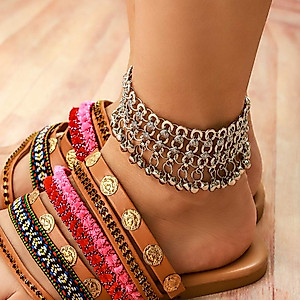 Yokawe Boho Anklets Bracelets Silver Bell Beaded Indian Anklet Chain Tassel Beach Barefoot Sandals Foot Jewelry for Women and Teen Girls（2Pcs）