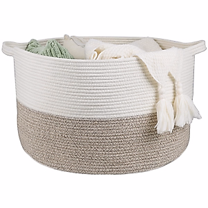 Blanket Basket Living Room, 20"x13" Woven Baskets for Blanket Toy Storage, Cotton Rope Basket for Organizing, Large Laundry Basket for Living Room, Nursery, Pillows, Baby Toy chest