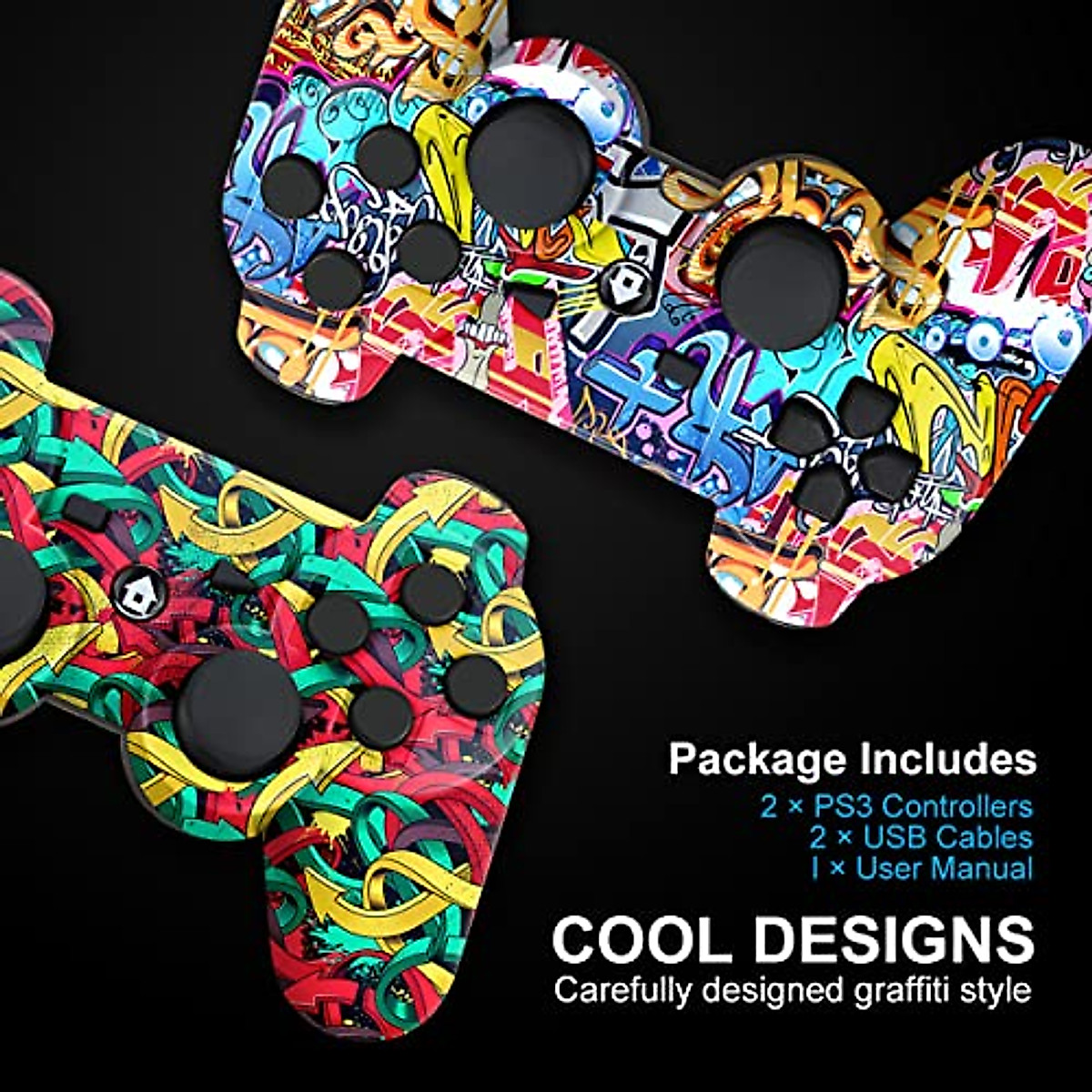 Yinjie PS3 Controller, Wireless PS3 Controller 2 Pack, Built in 800mAh Large Capacity Battery, with 2 USB Cables, Perfect Replacement for Sony Playstation 3 Controller, Graffiti Style