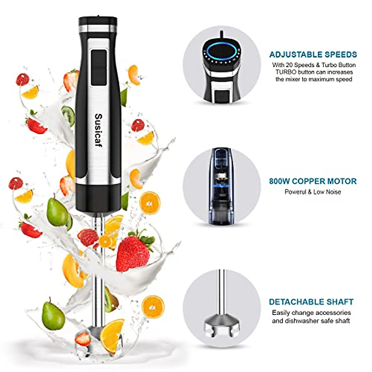Immersion Hand Blender, 800W Stick Blender, 20 Speed Stainless Steel Immersion Blender, With 27oz Beaker, 17oz Chopping Bowl, Whisk, Frother Attachments, for Soup, Smoothie, Puree, Baby Food, Black