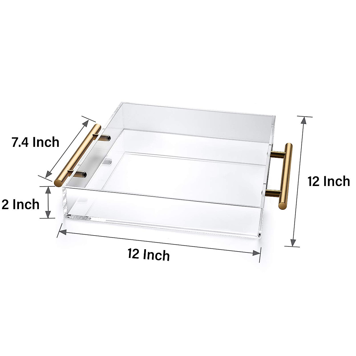 BEYLANG Acrylic Serving Trays Breakfast Decorative Trays for Ottoman Coffee Table (12x12 Inch with Golden Handles, Clear)