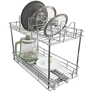 OCG 2 Tier Pull Out Cabinet Organizer for Lid Cookware (11" W x 18" D), Slide Out Kitchen Cabinet Shelves, 2 in 1, Chrome Finish