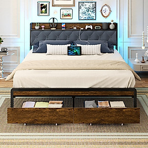 Queen Size Metal Platform Bed Frame with 2 Storage Drawers & LED Light, Upholstered Headboard with Charging Station, No Box Spring Needed, Brown Wood Panel