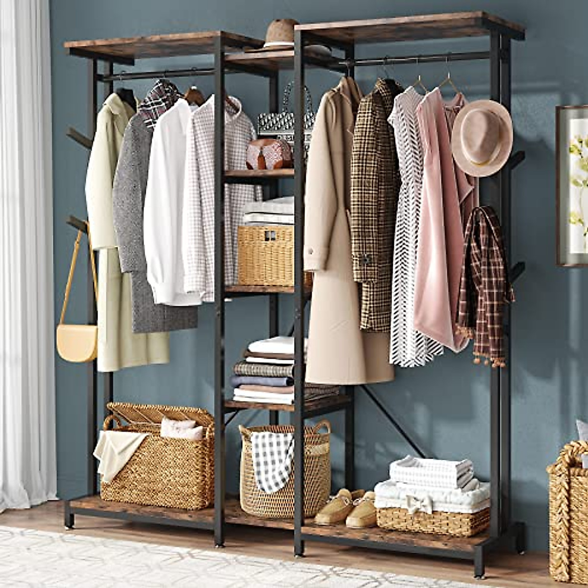 Tribesigns Extra Large Closet Organizer with Hooks, Free-Standing Closet Clothes Rack with Shelves and Hanging Rod, Heavy Duty Industrial Clothing Shelf Closet Storage System for Bedroom (rustic)