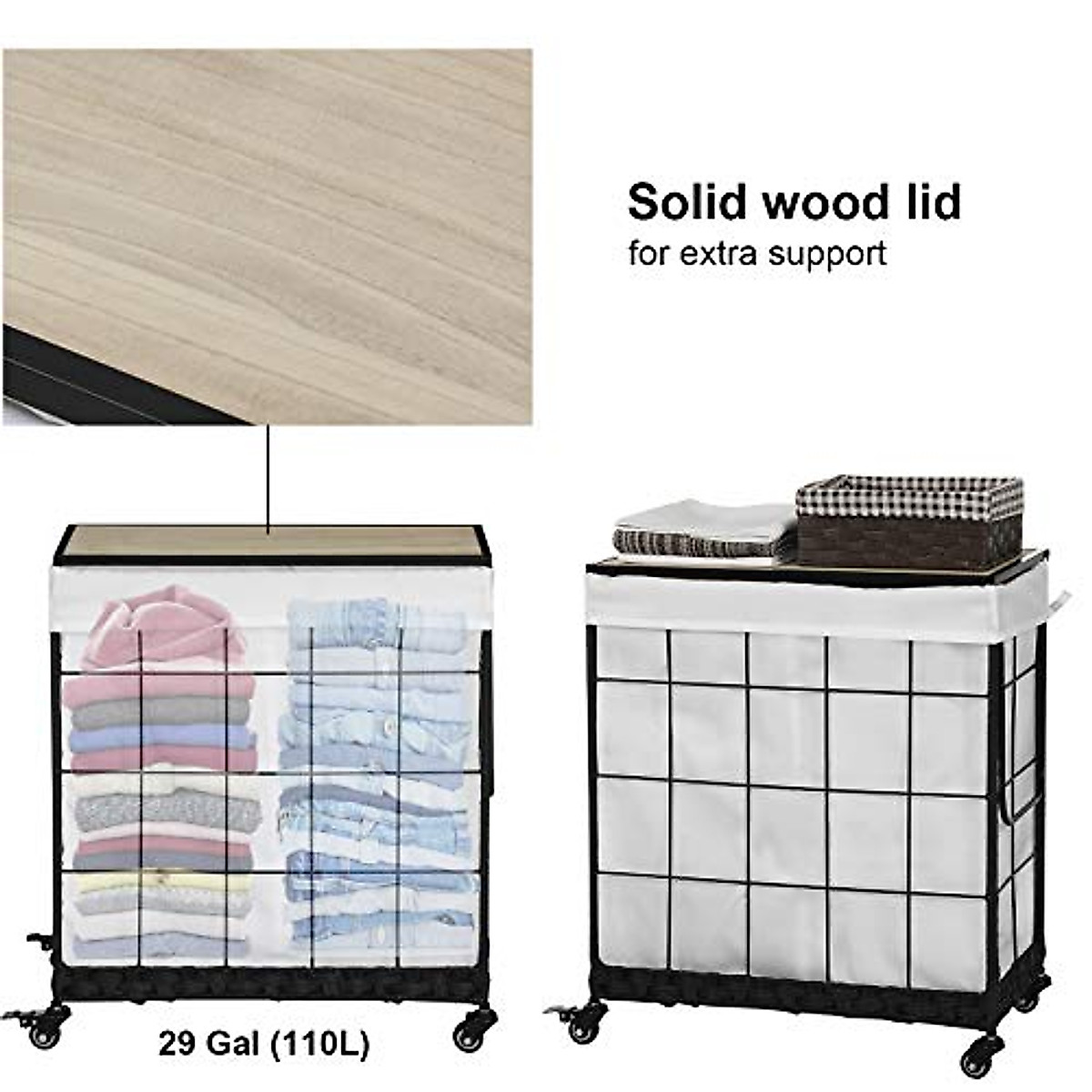 Laundry Hamper with Wood Lid and Divided Liner Bag; Durable Laundry Basket with Heavy Duty Rolling Lockable Wheels; Clothes Hamper with Removable Liner Bag; Laundry Sorter with Metal Handle (White)