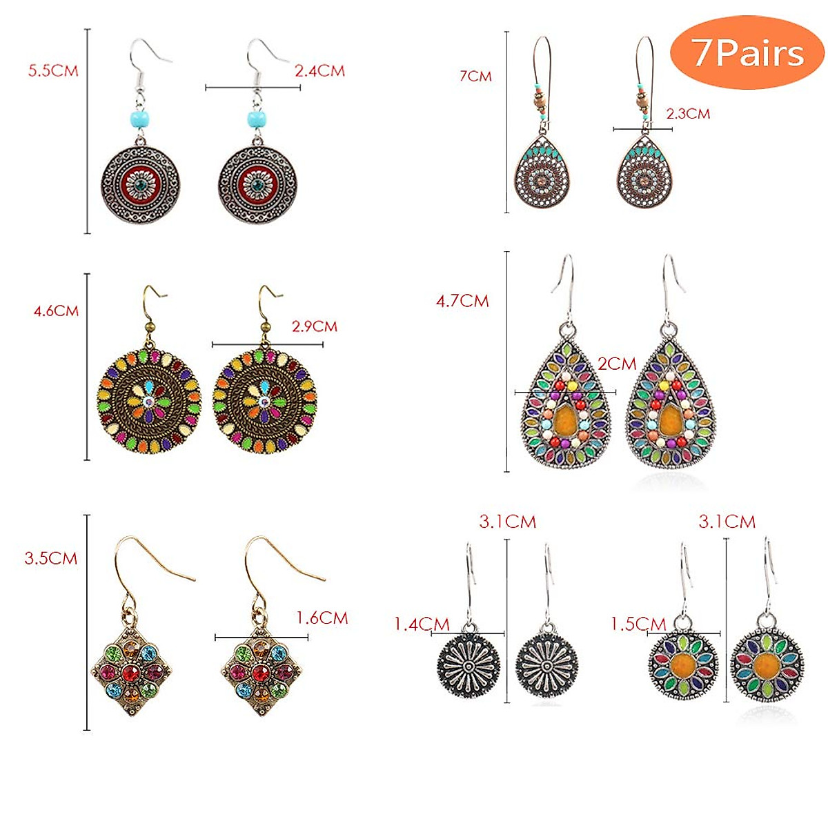 7 Pairs Vintage Bohemian Earrings Set National Retro Rhinestone Ear Stud Eardrop Drop Dangle Earrings Statement Earrings Long Boho Earrings for Women