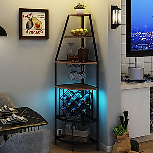 Espelism 5-Tier Corner Wine Rack with LED Light Floor Standing Wine Rack with Glass Holder and Bottles Wine Storage Home Bar Furniture for Kitchen Living Dining Room (Rustic Brown)