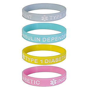 Max Petals TYPE 1 DIABETIC INSULIN DEPENDENT Medical Alert ID Silicone Bracelet Wristbands Pastels 4 Pack