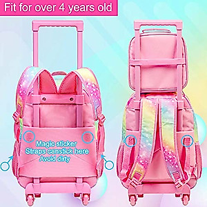 FTJCF 3PCS Rolling Backpack for Girls, Kids Unicorn Roller Bookbag with Wheels, Wheeled School Bag Set for Elementary -Rainbow