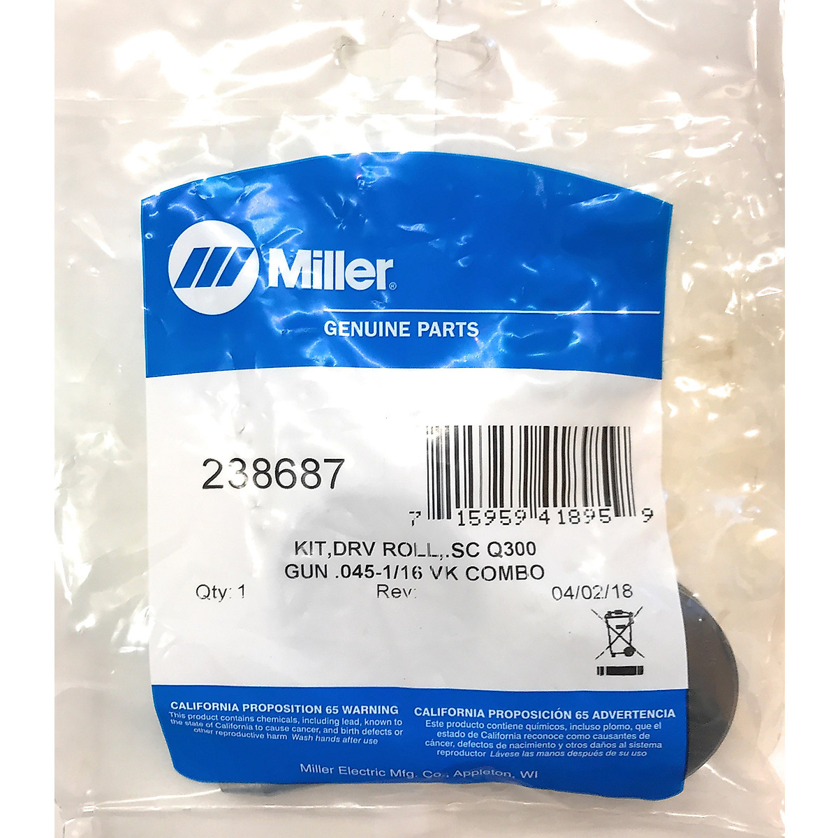 Miller Electric 238687 KIT,DRIVE ROLL SC Q300 GUN .045-1/16 VK COMBO 7159