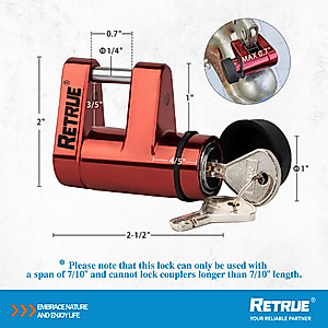 RETRUE Trailer Coupler Tongue Lock with Rubber Cap, Aluminum Alloy Trailer Hitch Lock,Dia 1/4 Inch, 7/10 Inch Span for Tow Boat RV Truck Car's Coupler Easy Lock, Red