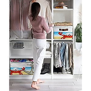 Storage Bins, Ocean Beach Crab Nautical Anchor Storage Baskets for Organizing Closet Shelves Clothes Decorative Fabric Baskets Large Storage Cubes with Handles