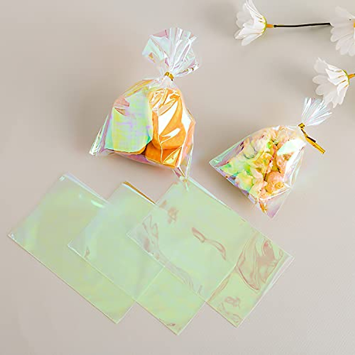Morepack Easter Iridescent Holographic Cellophane Treat Bags,4x6 Inch Party Favor Cookie Bags with 5 Colors Twist Ties for Baby Showers Weddings Birthday Party,100Pcs