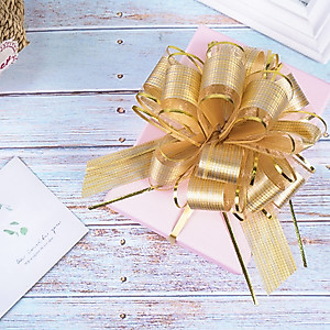 AKLVBL 10 PCS Large Pull Bow Gift Wrapping Bows, Pull Bow with Ribbon for Wedding Gift Baskets, Party Gift Wrap Bows, Presents Decorating Bows (Gold)