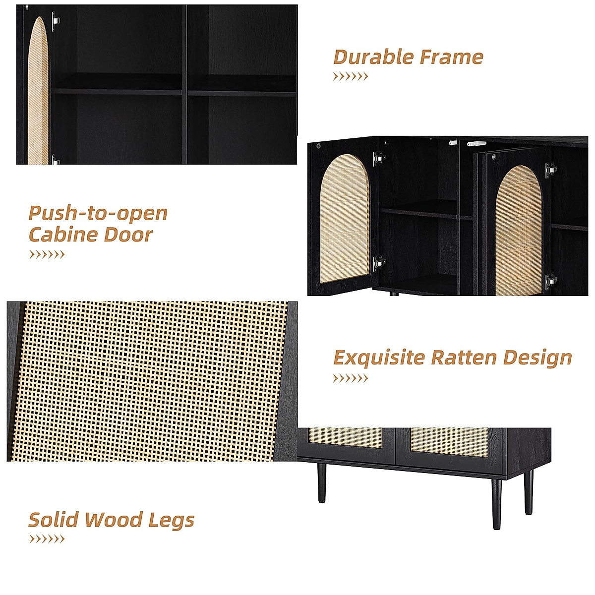 HULALA HOME 63" Wide Sideboard, Modern Sideboard Buffet Storage Cabinet with 4 Doors & 2 Adjustable Shelves, Kitchen Storage Buffet Cabinet Rattan Design, for Hallway, Entryway [Black]