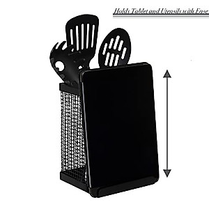 Kitchen Details Industrial Collection Tablet and Utensil Holder | Dimensions 6.69" x 5.51" x 7.48" | Freestanding | Rust Resistant | Kitchen Accessories | Matte Black