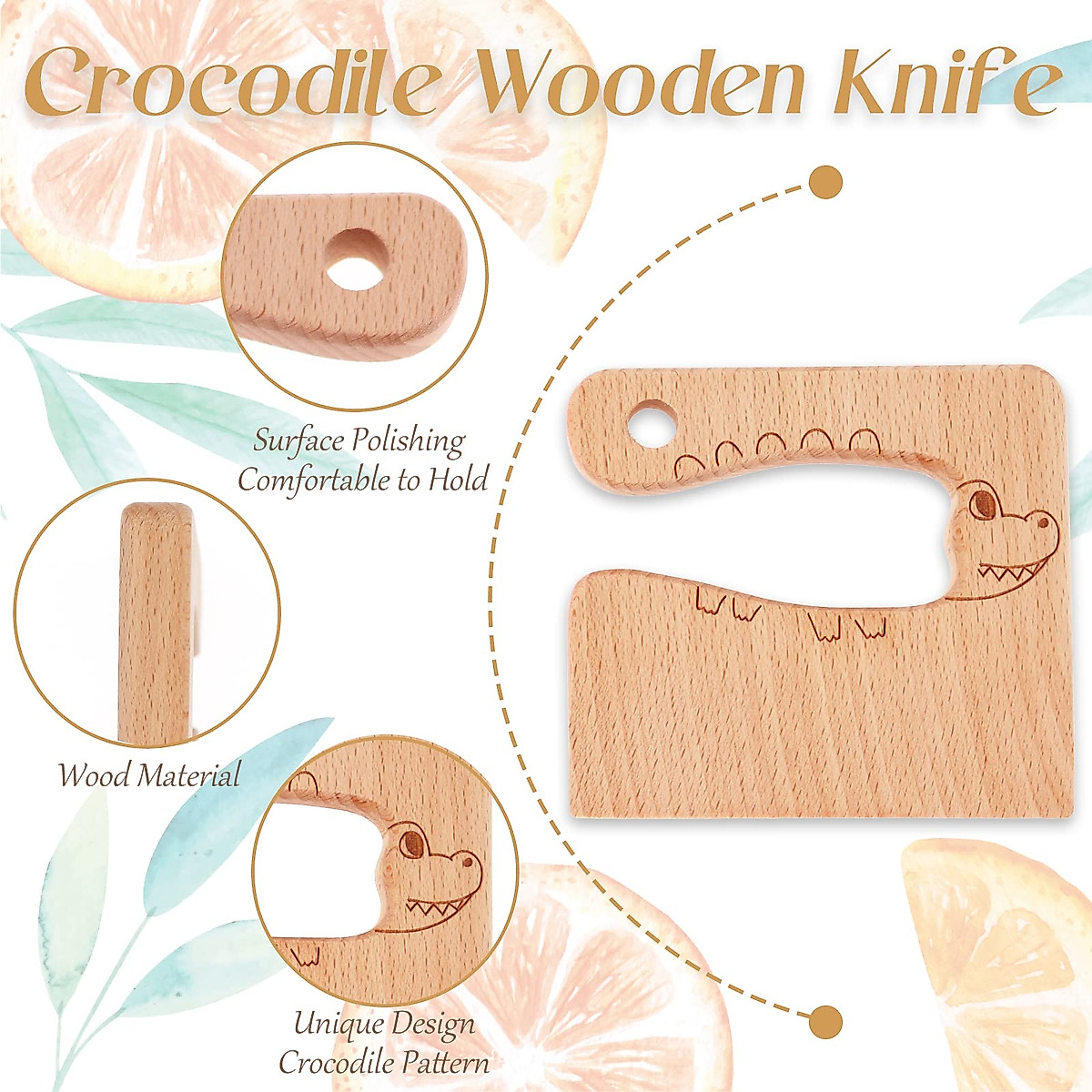 8 Pieces Wooden Kids Kitchen Knifes for Real Cooking Include Plastic Toddler Knife, Wood Kids Safe Knives, Potato Slicers, Serrated Edges Cooking Knife, Y Peeler, Cutting Board (Crocodile)