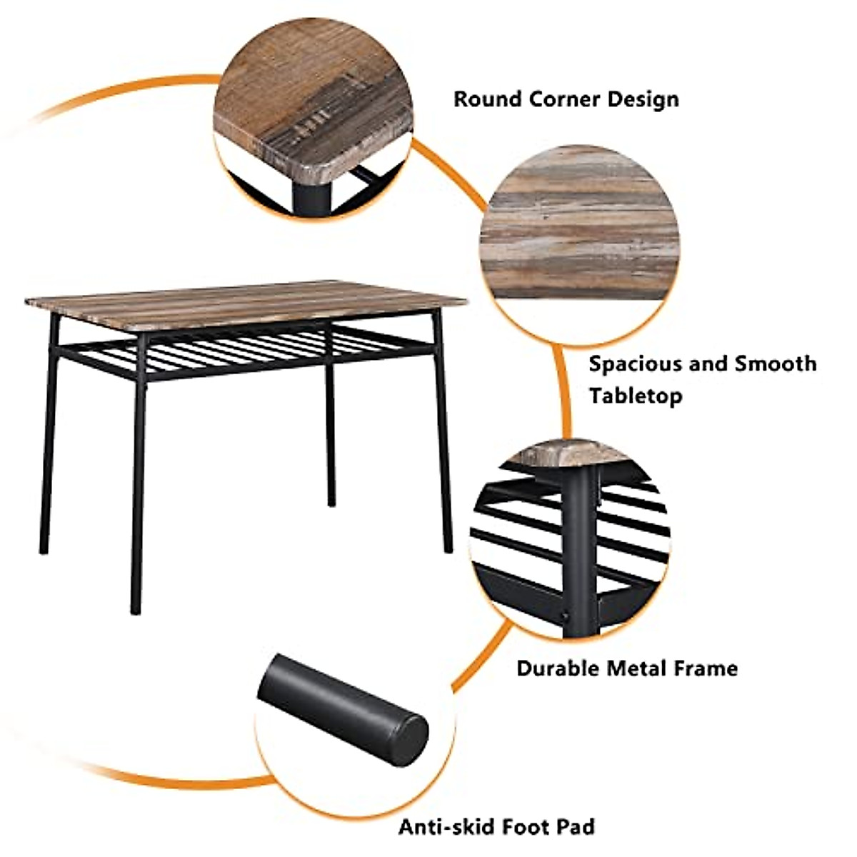 AOCOROE Rectangular Dining Table & Chair Set of 5 w/Storage Space, Dining Room Set w/ 1 Table & 4 Chairs, Table Chair Set w/MDF Tabletop & Iron Frame, for Dining Room, Bistro, Home Bar, Kitchen