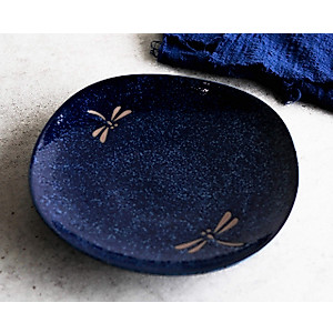 Ebros Made in Japan Pack Of 4 Midnight Blue Tombo Dragonfly Ceramic Porcelain Dinner Plates Dishes For Salads Pasta Noodles Stir Fry Main Course Entrée Dining Dinnerware Serving Platters