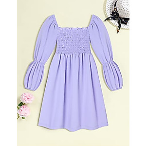 Girl Dresses Square Neck Long Puff Sleeve A-Line Casual Elegant Dress for Girls Purple 7-8 Years