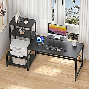 GreenForest Computer Desk with Storage Printer Shelf,67 inch Reversible Home Office Desk Large Study Writing Table with Movable Monitor Stand and 2 Headphone Hooks for PC Gaming Working, Black