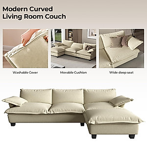 COPIAE L Shaped Sofa with Chaise, Convertible Sectional Sofa, 113 Inch Oversize Couch for Living Room, Modern Cloud Couch with Deep Seat, Velvet Fabric and Removable Ottoman, Beige Furniture Set