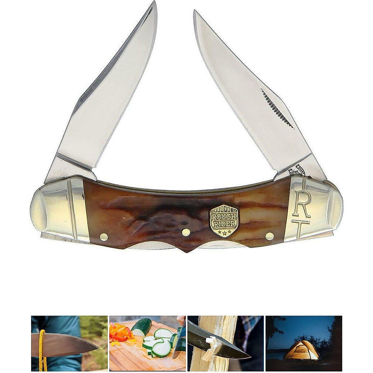 Brown Stag Bone Double Lock Dual Blade Open Folding Pocket Knife 1798 Outdoor Survival Hunting Knife for Camping by Survival Steel