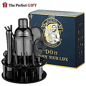 Oyydecor 18 Piece Cocktail Shaker Set with Rotating Stand, Gifts for Men Dad Grandpa, Stainless Steel Bartender Kit Bar Tools Set, Home, Bars, Parties and Traveling (Gun-Metal Black)