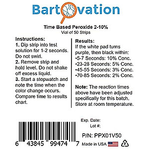 Very High Level Hydrogen Peroxide H2O2 Test Strips, 2-10%, Time Based Test [Vial of 50 Strips]