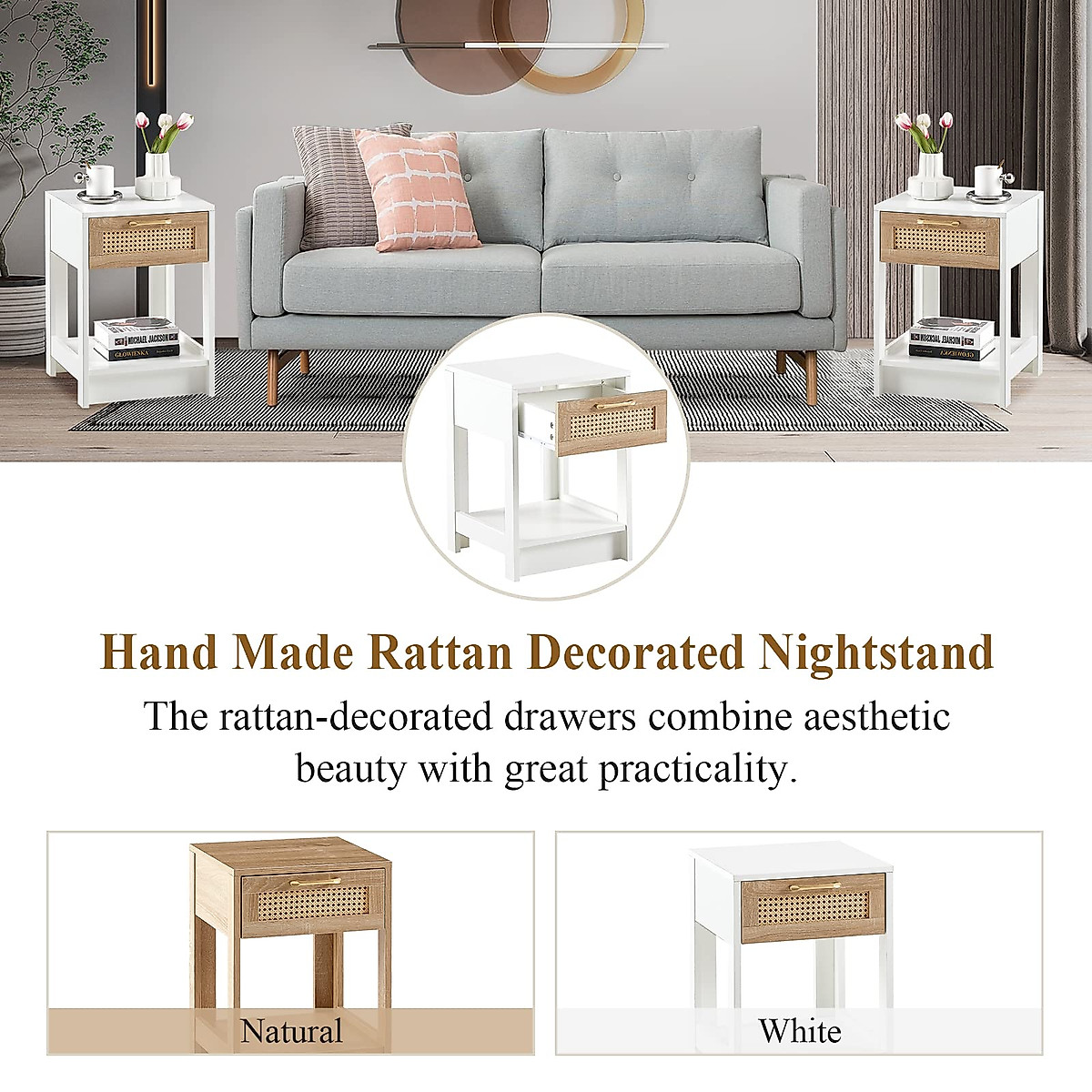 LETESA Rattan Nightstands, with Rattan Decor Drawer and Open Shelf, Bed Side Tables with Solid Wood Feet, End Table, Night Stands, for Bedroom, Living Room (1, White-Square)