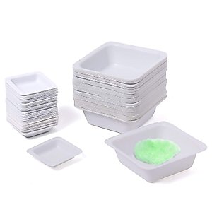 Young4us 7ml 100ml Weigh Boat Set, 100 Pack Small & Large Lab Weighing Dishes for Measuring, Storing, Mixing Powders & Liquids with Easy Pour Design Disposable Mini Plastic Square Dish Scale Tray