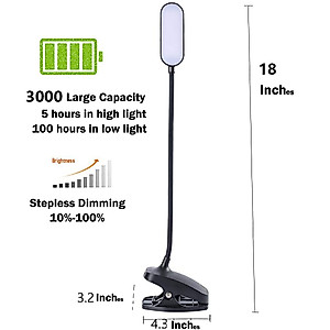 COLORLIFE Desk Lamp Battery Operated Rechargeable Clip On Reading Light Light up to 100 hrs Flexible Gooseneck Cordless Dimmable Lamp for Desk Bed Headboard Piano (Black)