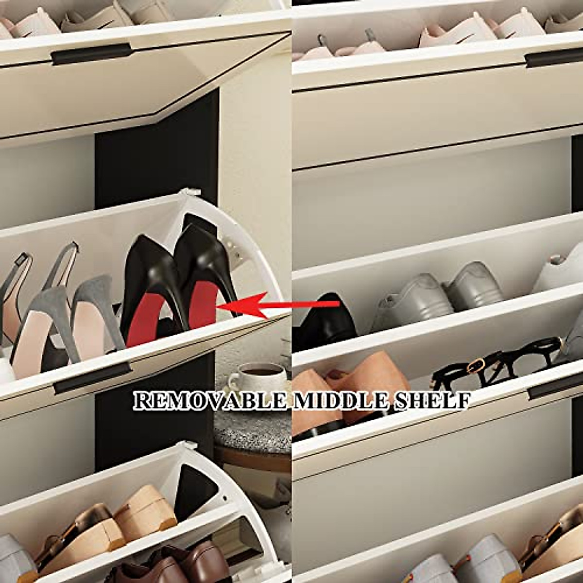 ECACAD Modern Shoe Storage Cabinet with 5 Drawers & Decorative Fronts, Wood 4-Tier Shoe Rack Organizer for Entryway, Bedroom & Hallway, Black & White (35.4”W x 9.3”D x 53.1”H)