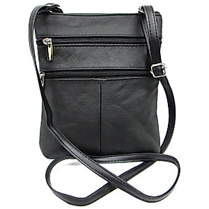 Lady's 5 Zipper Pocket 100% Leather Cross Body Slim Purse Paisley Lining- 5 Color (Black)