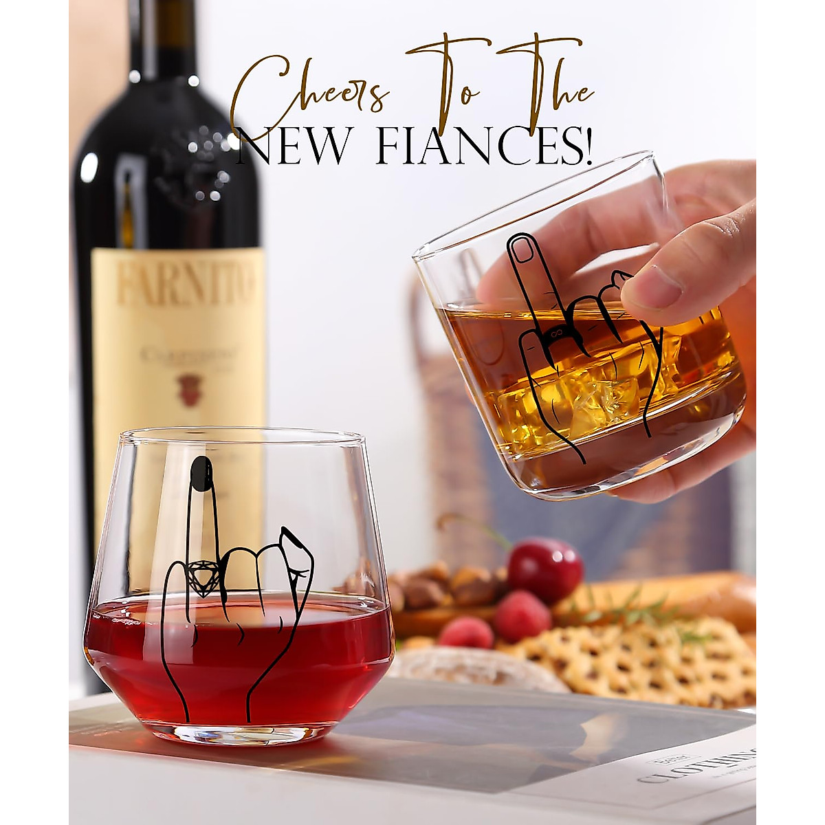 comfit Wedding Gifts for Couples, Ring Finger Wine&Whiskey Glass Set, Funny Engagement Gifts for Couple, Bride and Groom Just Married Gift, Mr and Mrs Newlyweds Bridal Shower Gifts