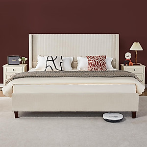 VanAcc King Size Platform Bed Frame, 50.8" Corduroy Upholstered Bed with Vertical Channel Tufted Headboard/Wooden Slats/Wingback/No Box Spring Required/Beige