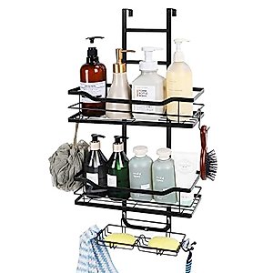 Over the Door Shower Caddy, Hanging Shower Organizer for Bathroom, Shower Storage Rack Shelf with Hooks & Screw Adhesives & Soap Holder, 3 Tier Bathroom Shower Basket, Rustproof No Drilling - Black