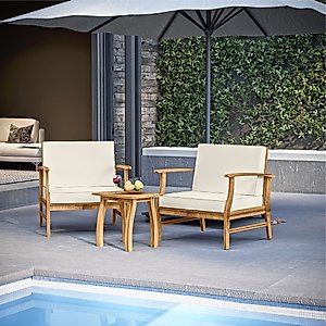 Nestl Small Patio Furniture Set – Patio Bistro Set 3 Piece Outdoor with Patio Chairs, Acacia Wood Balcony Furniture with Outdoor Chairs Set of 2, Natural Wood Patio Chairs with Off White Cushions