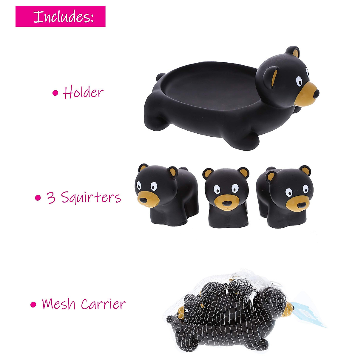 Dollibu Black Bear Family Animal Bath Squirters 4 Piece Bath Toy Set, Children Bath Toys for Bathtime & Water Fun, Girls & Boys Floating Cute Animal Rubber Squirt Toys, Pool Toys for Kids - Black Bear