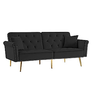 Zushule Futon Sofa Bed -Velvet Tufted Convertible Couch with 2 Pillows, Nailhead Trim, and Metal Legs- - Small Sofabed for Bedroom, Living Room, Apartment - Black with Gold Detail