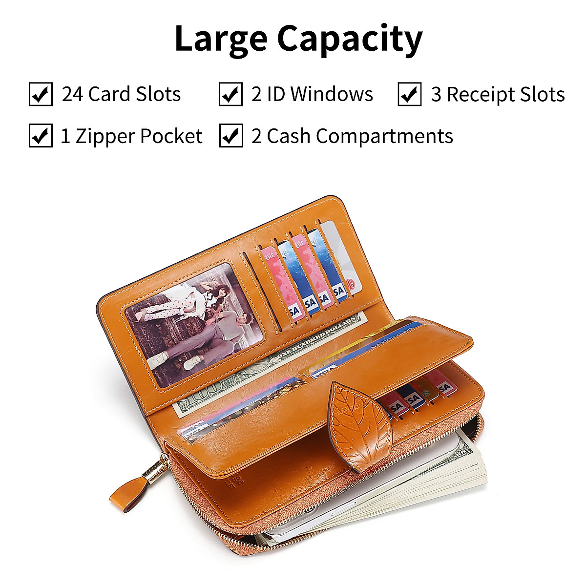 Yafeige Large Luxury Women's RFID Blocking Tri-fold Leather Wallet Zipper Ladies Clutch Purse(1-Waxed Brown)