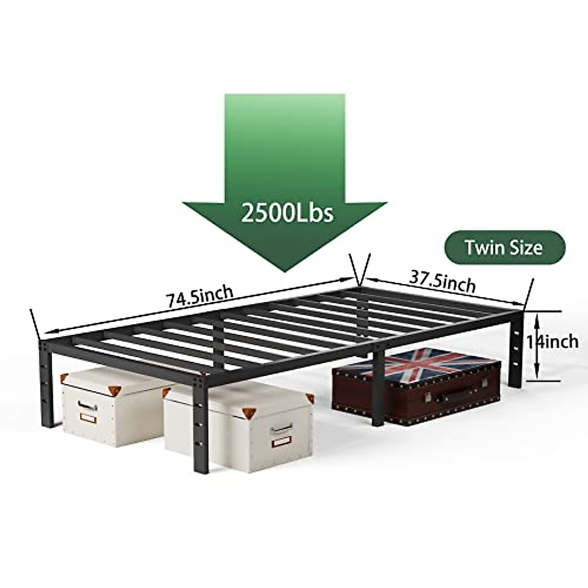 Twin Size Metal Bed Frame 14 inch High 3000lbs Heavy Duty Twin Platform No Box Spring Needed Easy to Assemble Noise Free-Twin Black