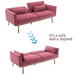 LoLado Velvet Futon Sofa Bed, Modern Tufted Convertible Sleeper Sofa with 2 Throw Pillow, Adjustable Loveseat, Accent Couch for Living Room, Bedroom, Bonus Room (Pink)