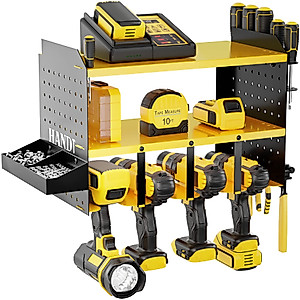 HANDT Power Tool Organizer, Wall Mount Drill Holder Garage Storage Rack, Pegboard Screwdriver Holder with Magnet Bar & Organization Bin, Cordless Drill Battery Charging Station Utility Shelf, Yellow