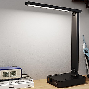 Wood LED Desk Lamp with 3 USB Charging Ports and 2 AC Outlets,3 Color Temperatures & 3 Brightness Levels, Touch/Memory/Timer Function,10W Eye Protection Foldable Reading Light,Office Table Lamp Wood
