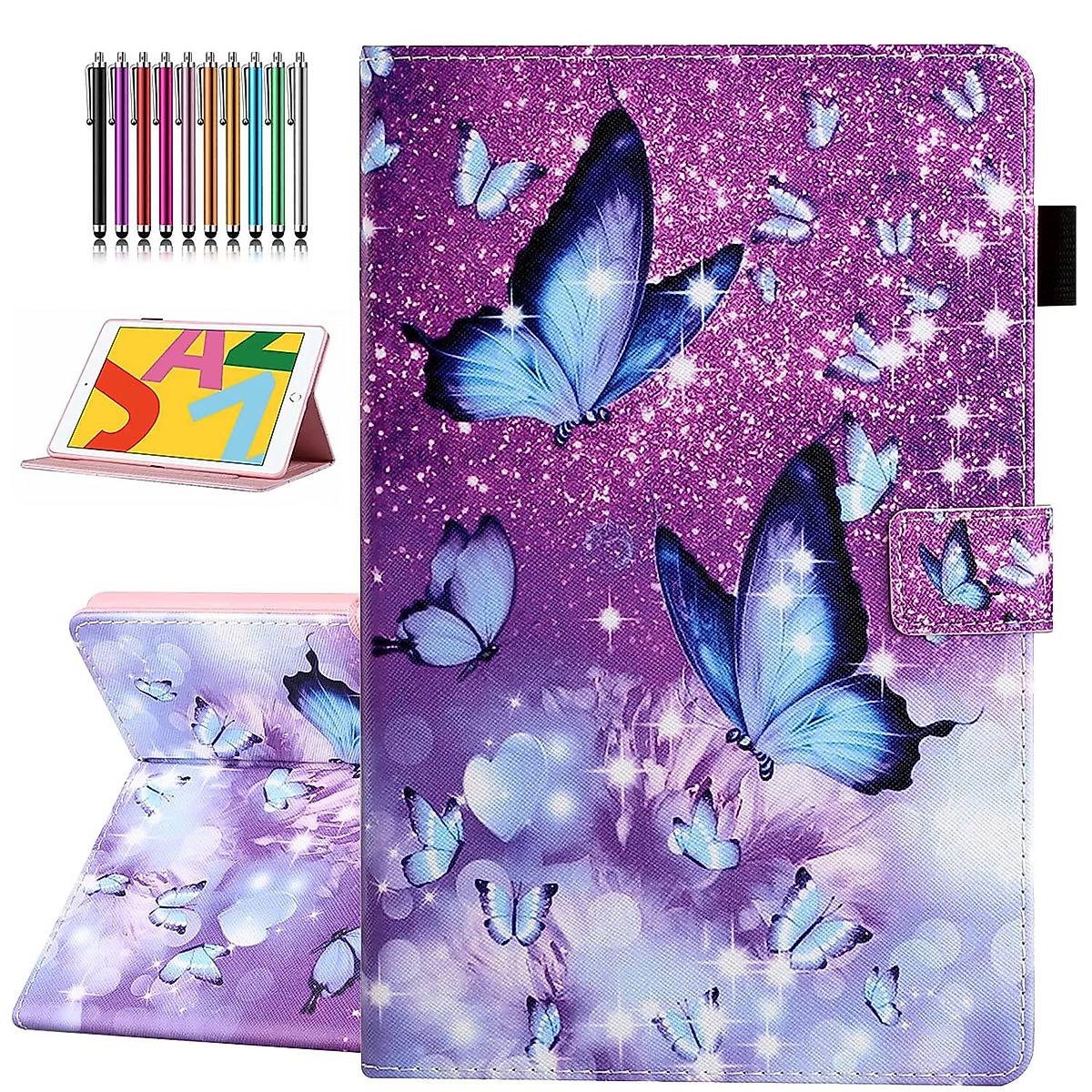 YUNHOTIC Case for iPad 9th/8th/7th Generation 10.2 inch (2021/2020/2019 Release) Auto Wake/Sleep, Premium PU Leather Folding Stand Cover with Pen Holder & Multiple Viewing Angles - Purple Butterfly