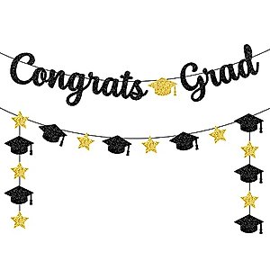 Congrats Grad Banner, Black Glitter - 10 Feet and Cap Garland, No DIY | Graduation Banner, College Graduation Decorations | Black and Gold Graduation Party Decorations 2023 | Congratulations Banner